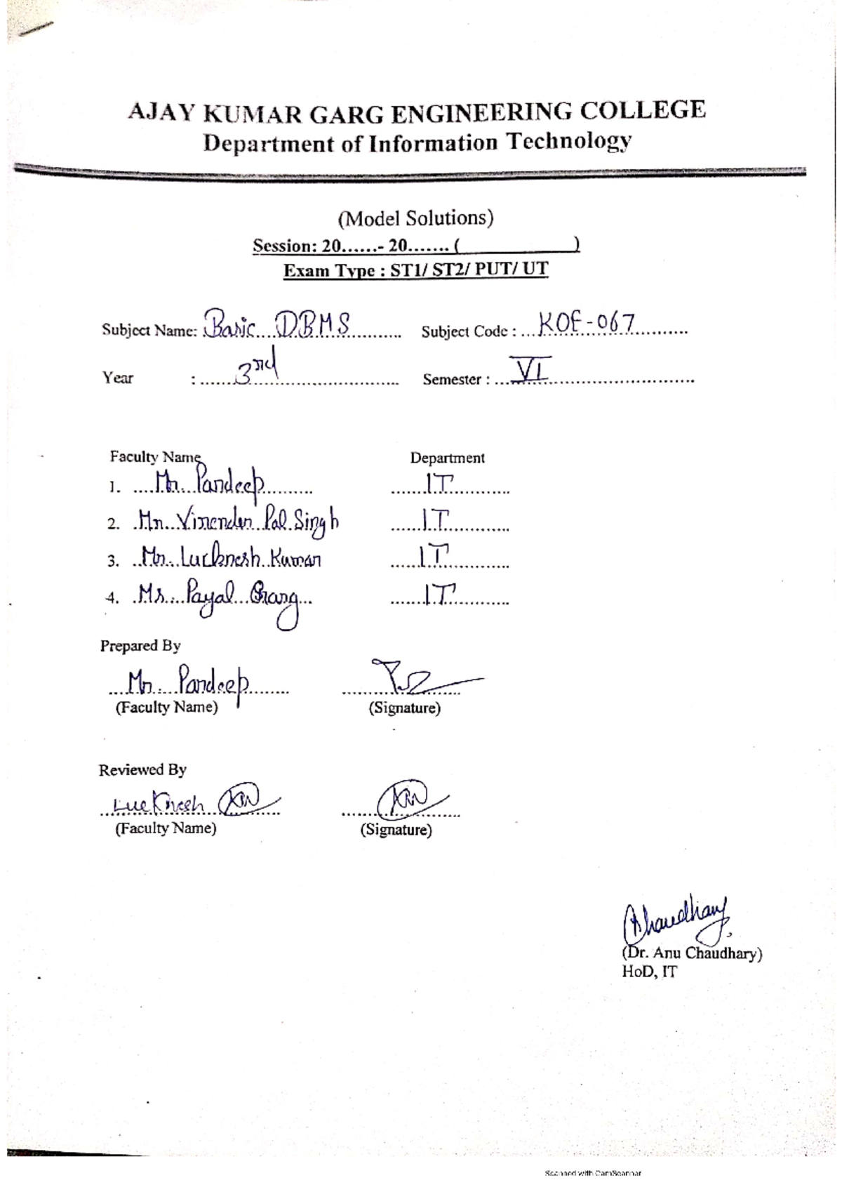 Basic of Database Management System KOE-067 ST-2 Sol Even 21-22 - btech in I.T - Studocu