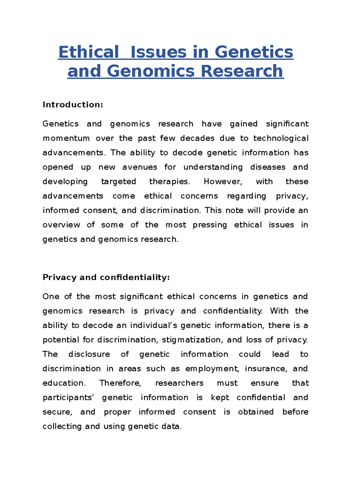 Ethical Issues in Genetics and Genomics Research - Ethical Issues in ...