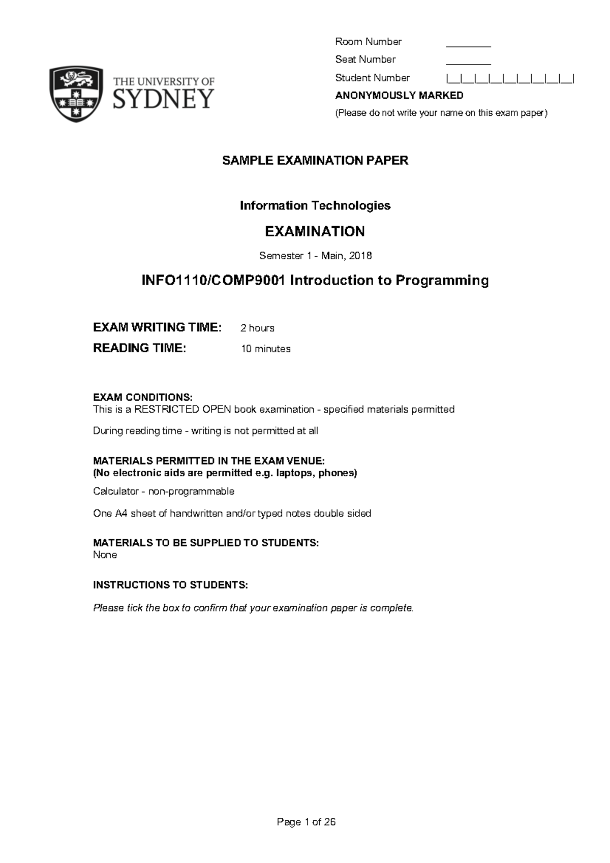 Sample Examination - Page 1 of 26 SAMPLE EXAMINATION PAPER Information ...