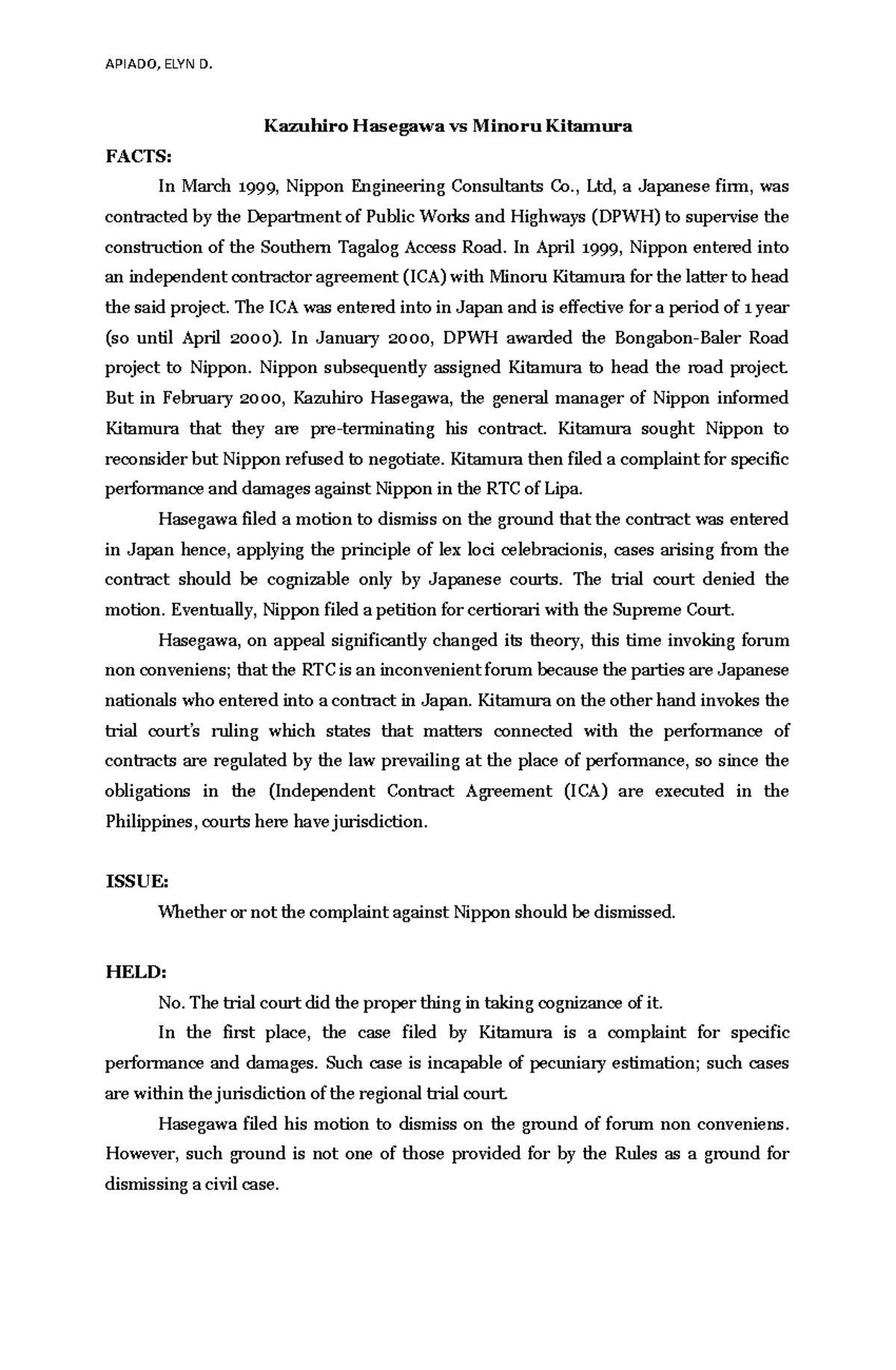 Conflict CASE Analyses - Kazuhiro Hasegawa vs Minoru Kitamura FACTS: In ...