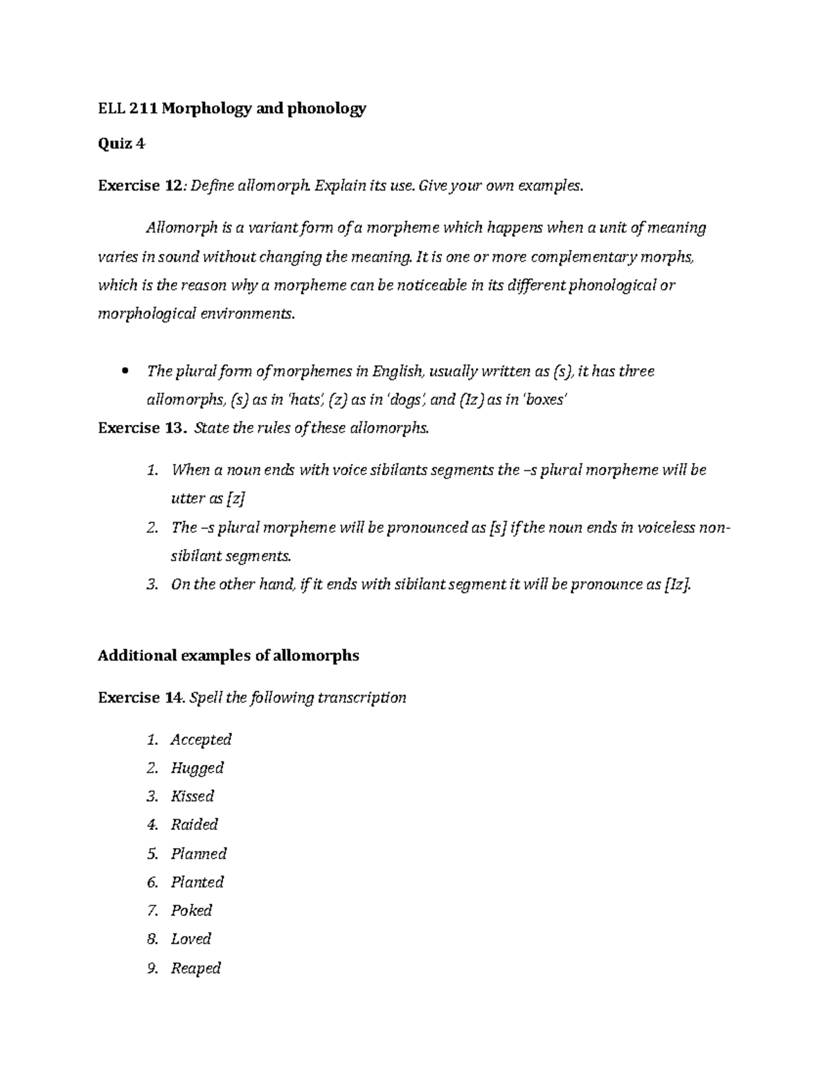 ELL211 - Morphology and Phonology Quiz 4 - ELL 211 Morphology and ...