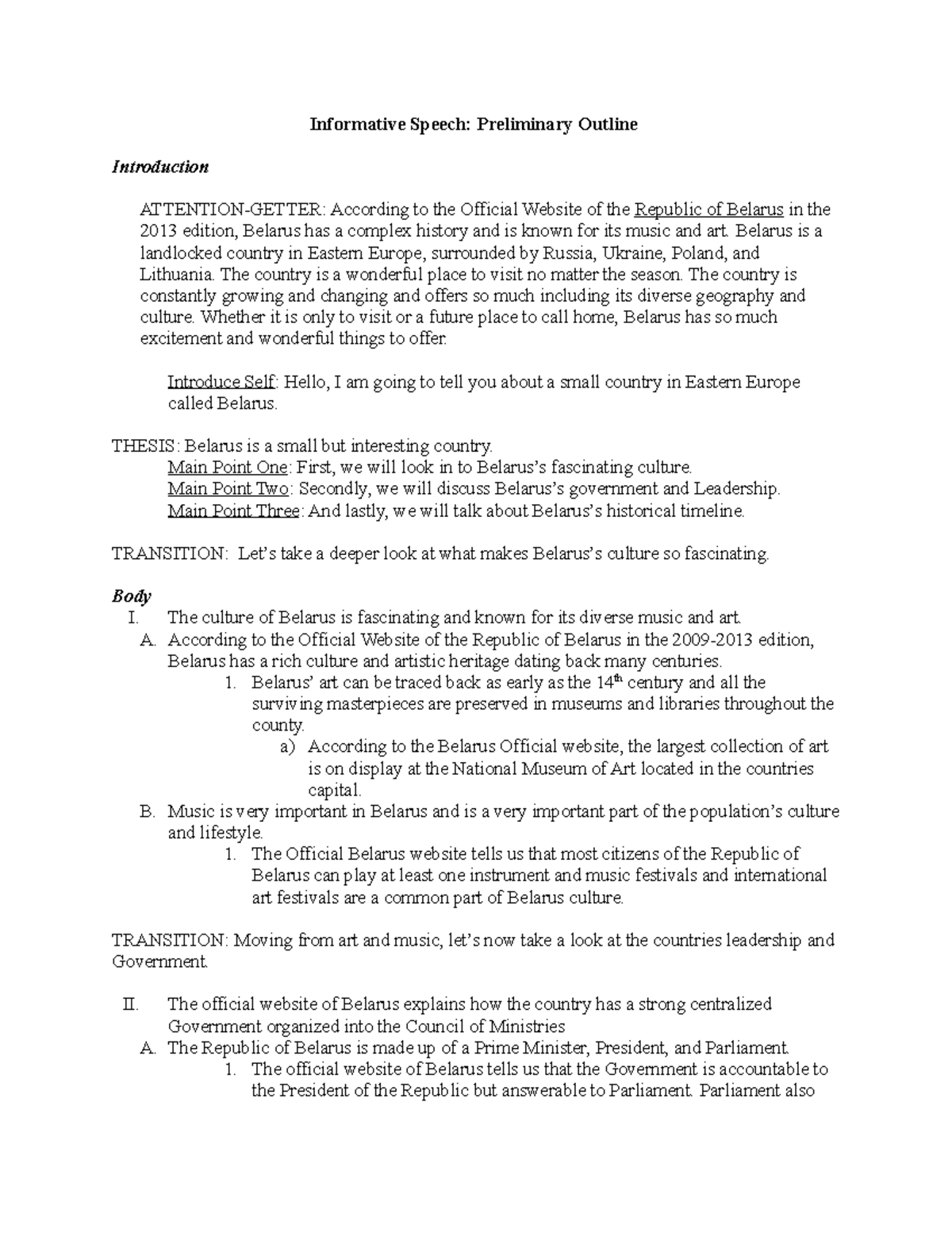 Public Speaking Speech 1 - Informative Speech: Preliminary Outline Introduction ATTENTION-GETTER ...