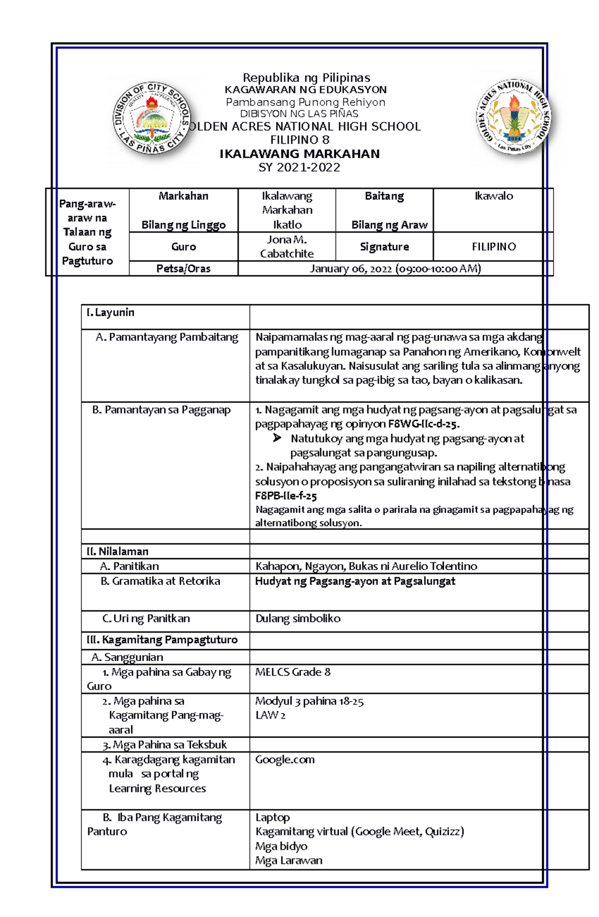 Pagsang-AYON AT Pagsalungat- Lesson PLAN - Republika ng Pilipinas KAGAWARAN NG EDUKASYON ...