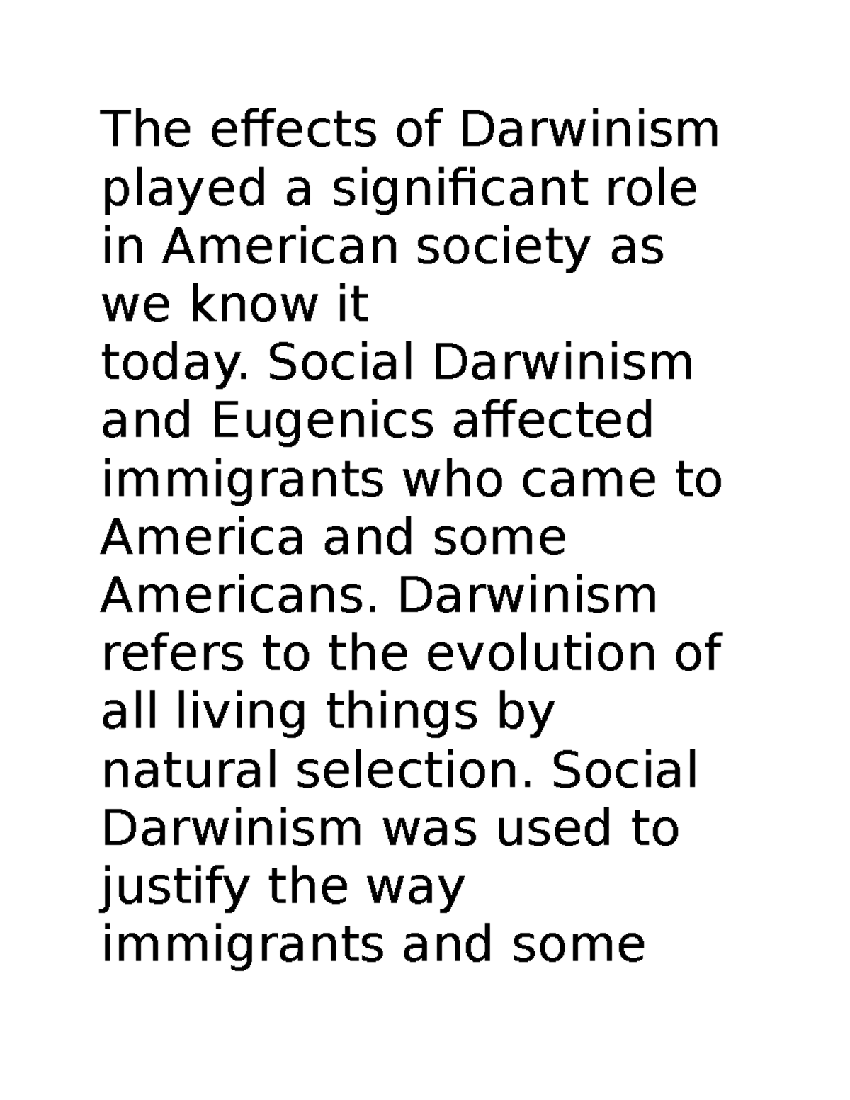 Darwinism and American Society - The effects of Darwinism played a ...