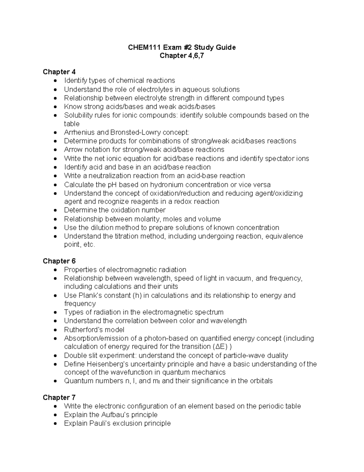 01-Study guide-Exam 2-Chem111 - CHEM111 Exam #2 Study Guide Chapter 4,6 ...
