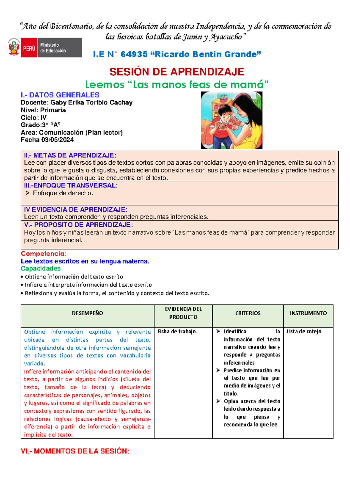 Sesion PLan lector Las manos feas de mama - “Año del Bicentenario, de ...