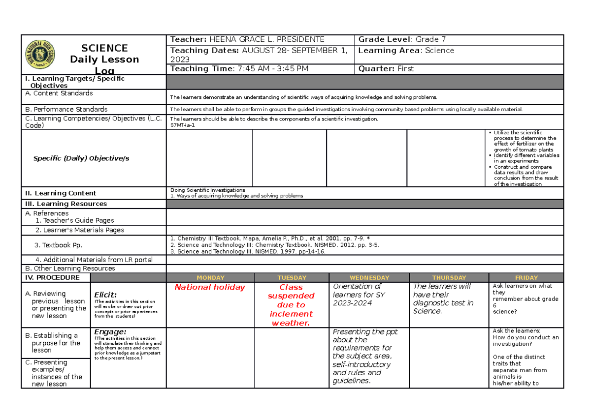 Q1-DLL-WEEK 1 Orientation - Teacher: HEENA GRACE L. PRESIDENTE Grade ...