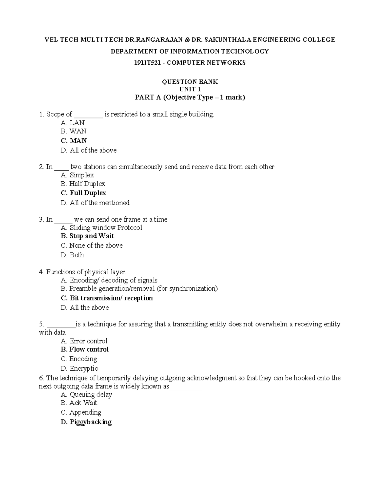 Question BANK - VEL TECH MULTI TECH DR & DR. SAKUNTHALA ENGINEERING ...