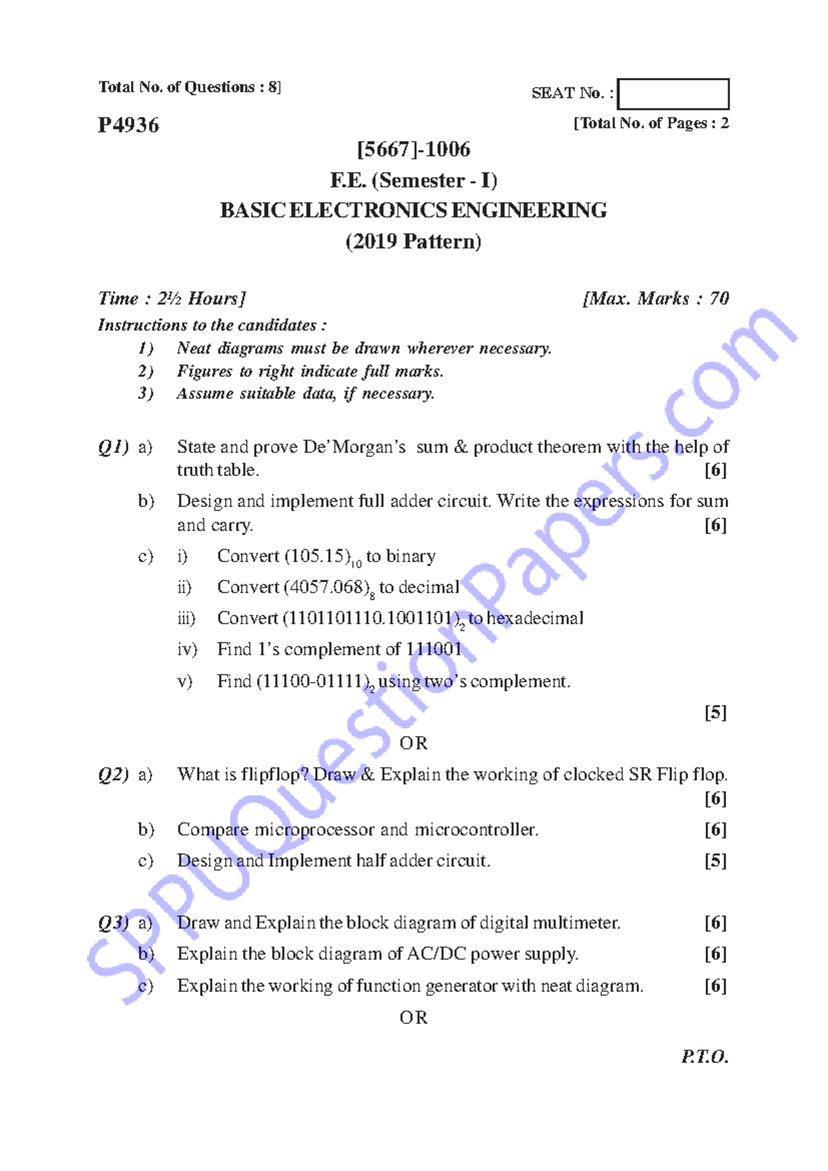 Basic Electronic engineering Question paper - Total No. of Questions ...