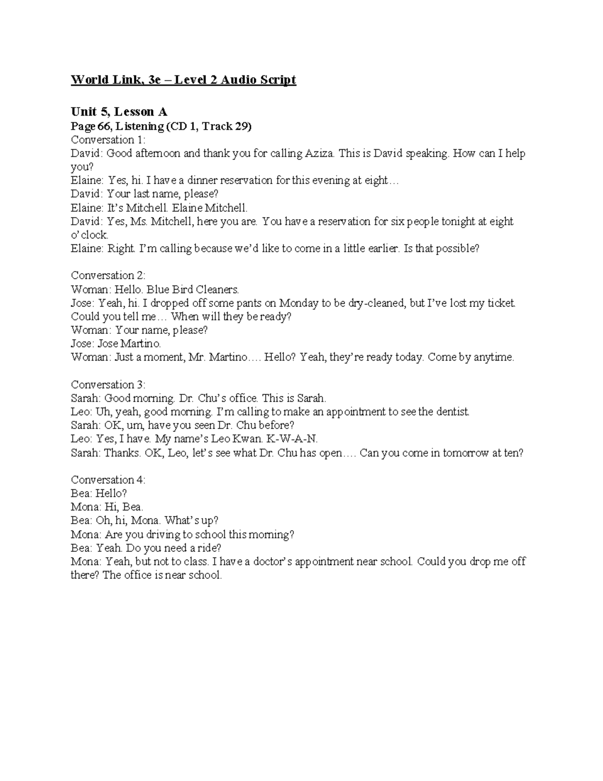 Wl3e level 02 u05 audio script - World Link, 3e – Level 2 Audio Script ...