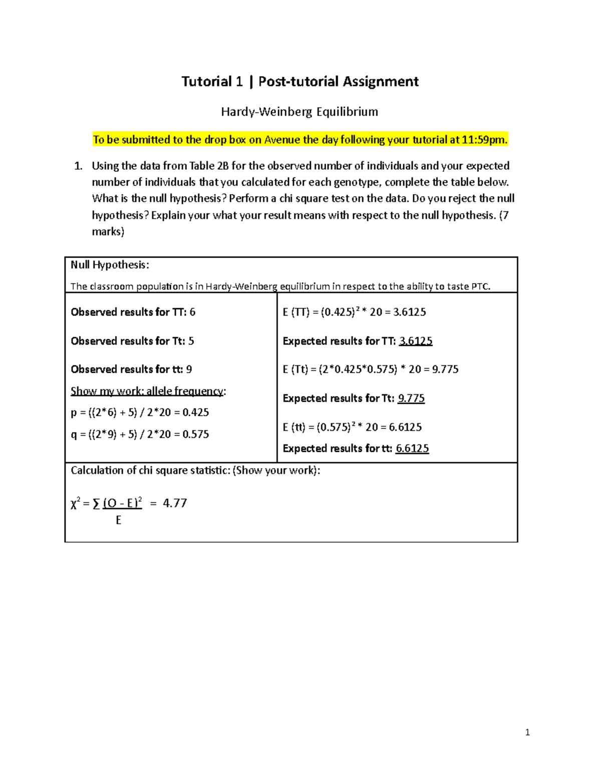 tutorial 1 assignment - hardy weinberg equilibrium - BIO1M03 - McMaster - Studocu
