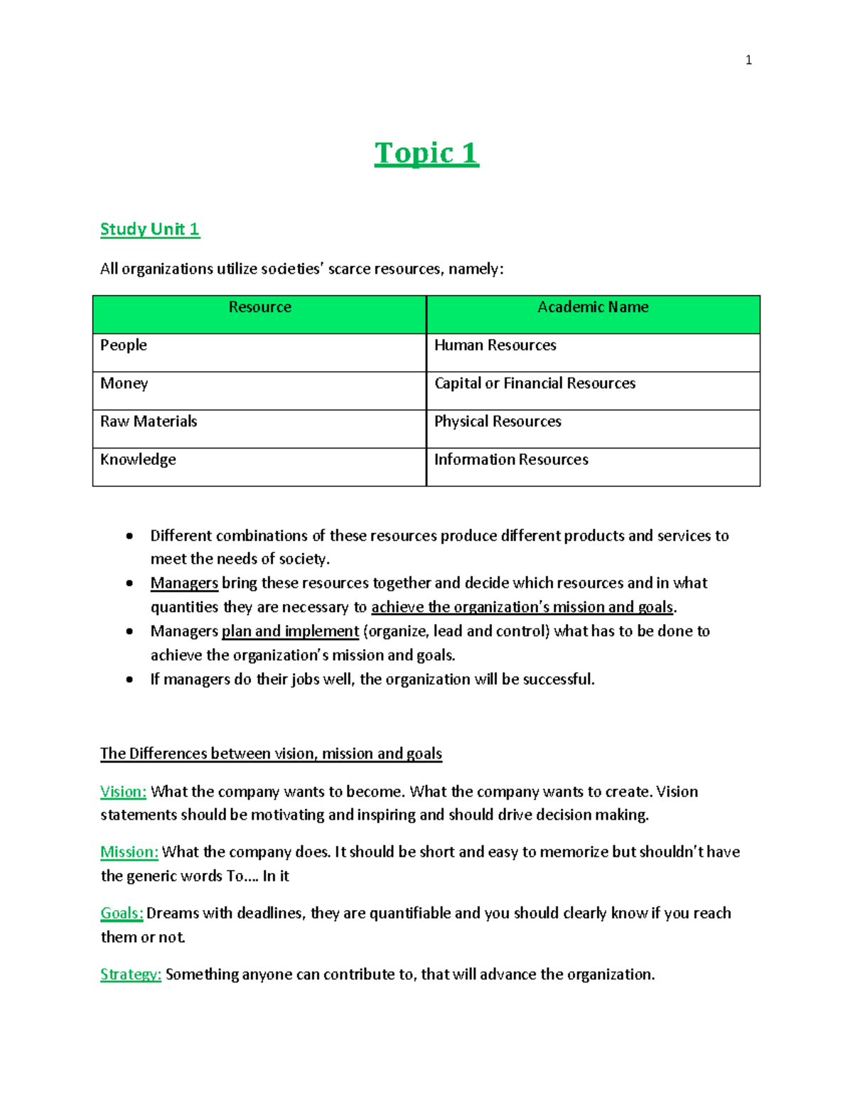 MNG2601-study unit 1 notes - Topic 1 Study Unit 1 All organizations ...