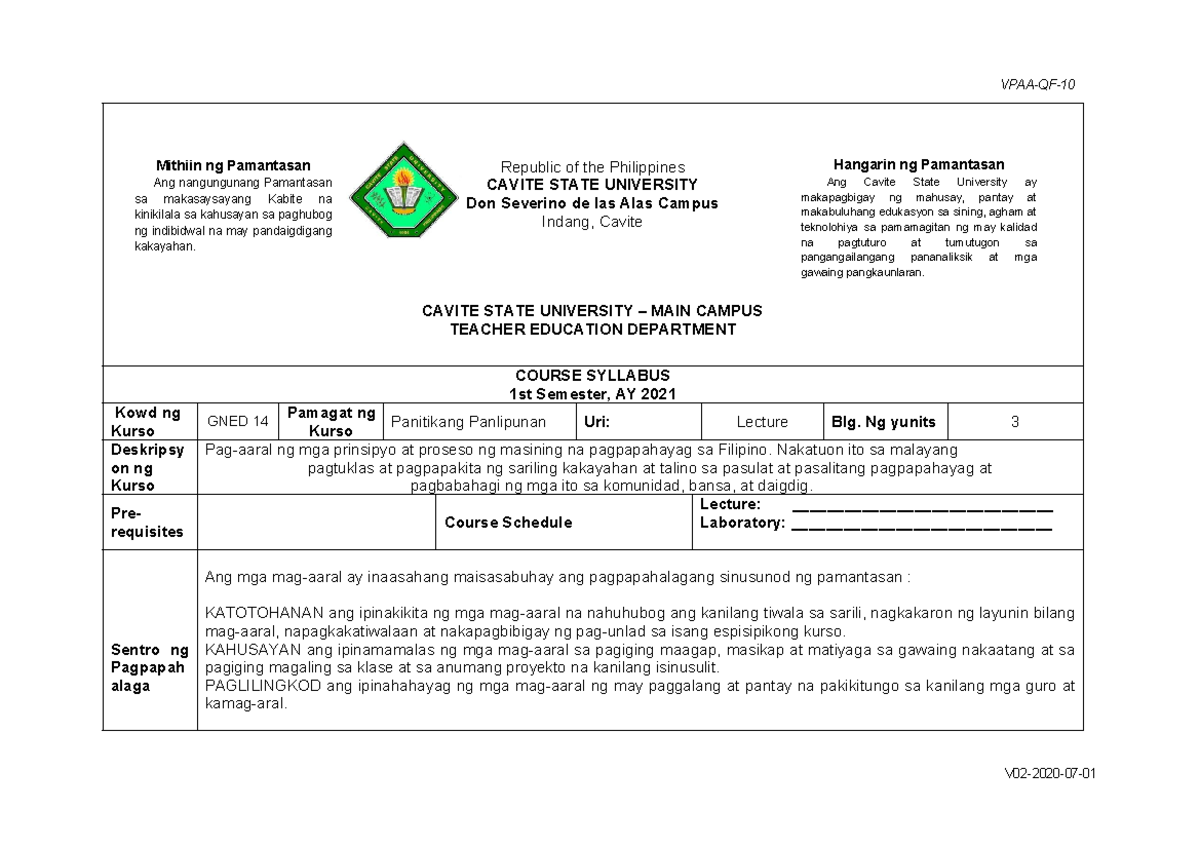 CVSU Main Campus Document - Republic of the Philippines CAVITE STATE ...