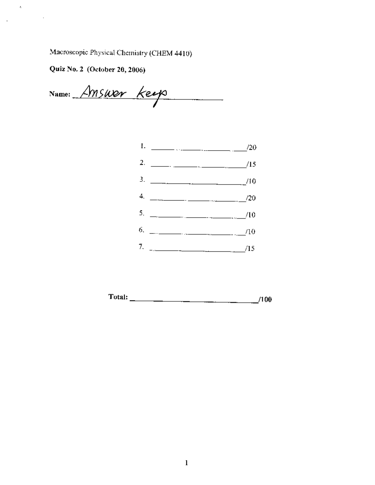 Pchem exam 2 answer key - Course work - CHEM 4760 - Studocu