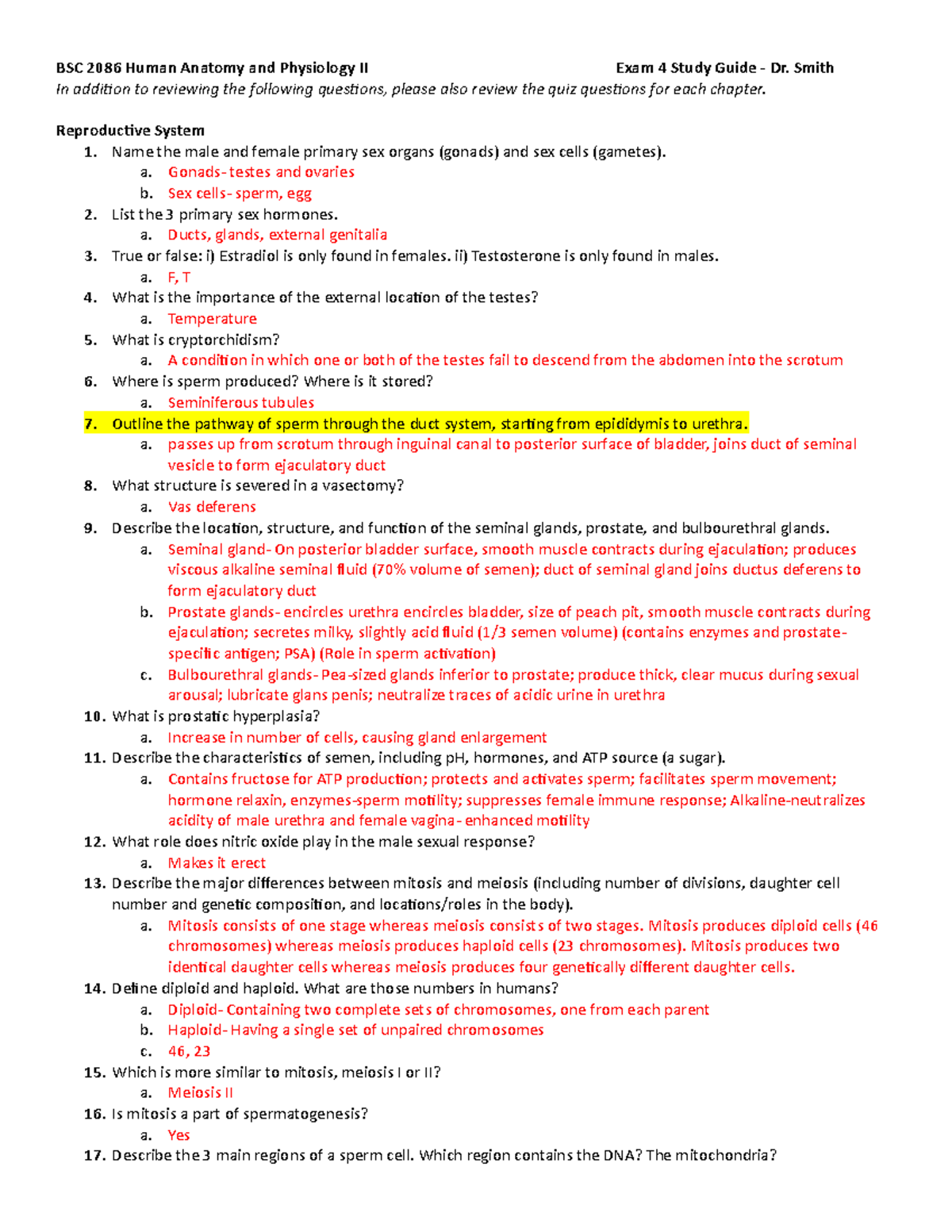 BSC 2086 Exam 4 It Is A Study Guide For The Last Exam BSC 2086