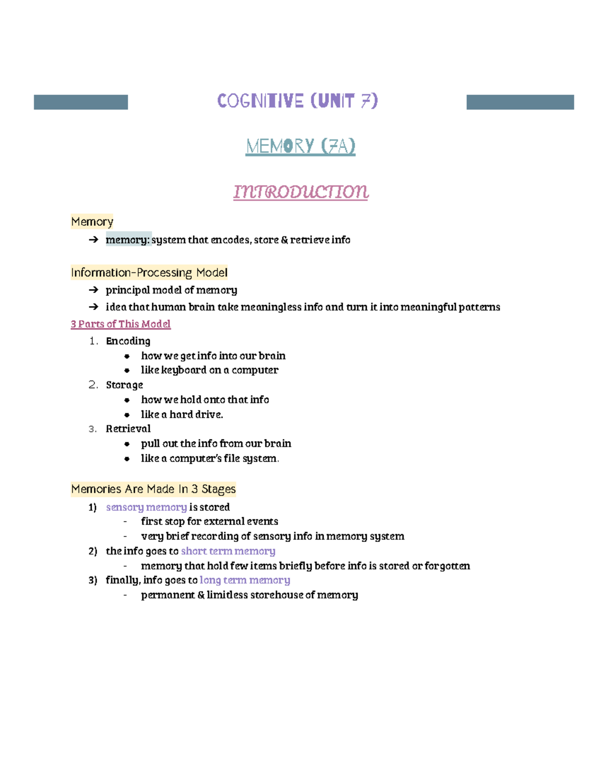 Unit 7 Cognitive - AP Psychology Notes - CogNItiVE (unIT 7) meMOrY (7A ...