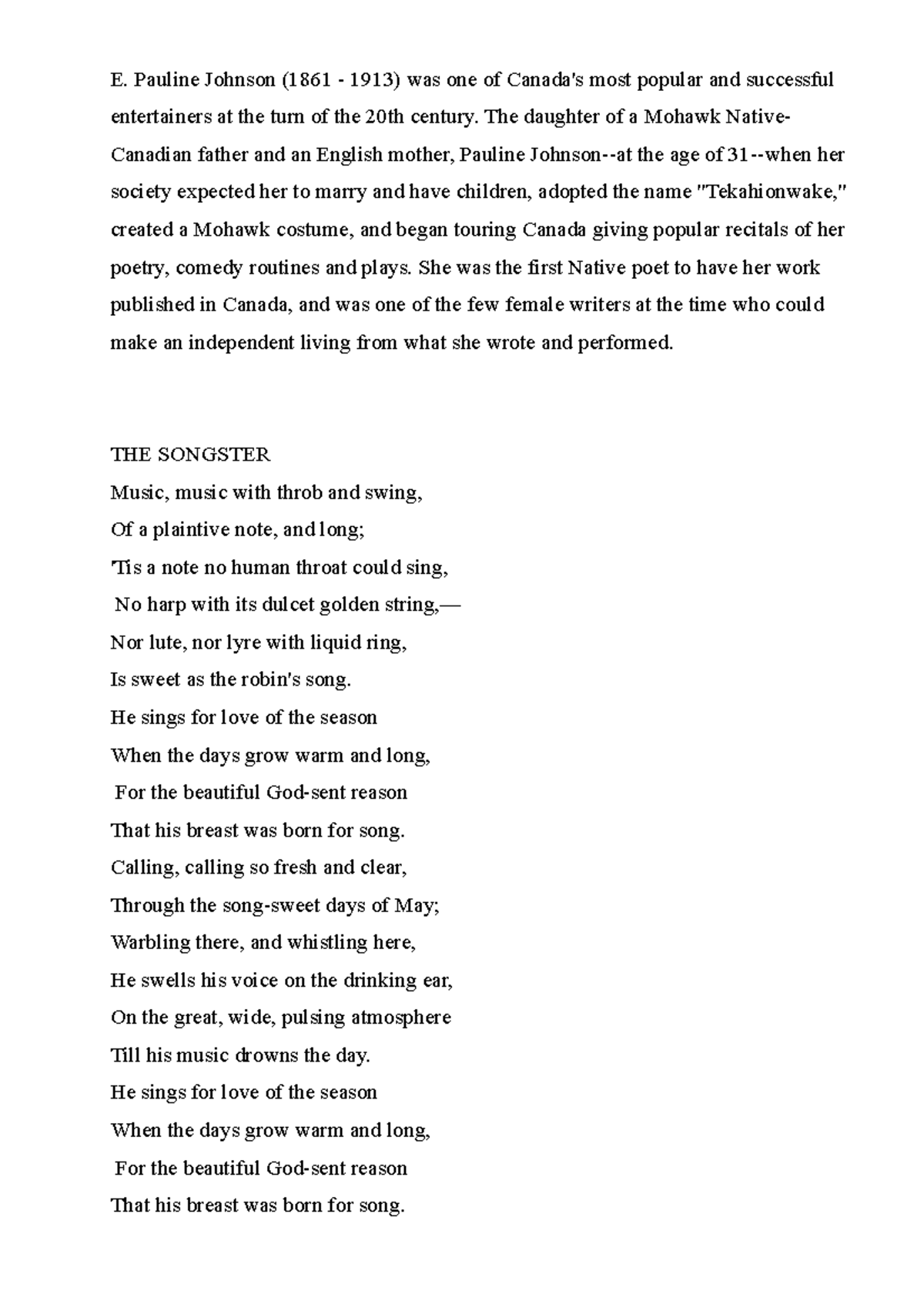 Analzsis - hjkn - E. Pauline Johnson (1861 - 1913) was one of Canada's ...