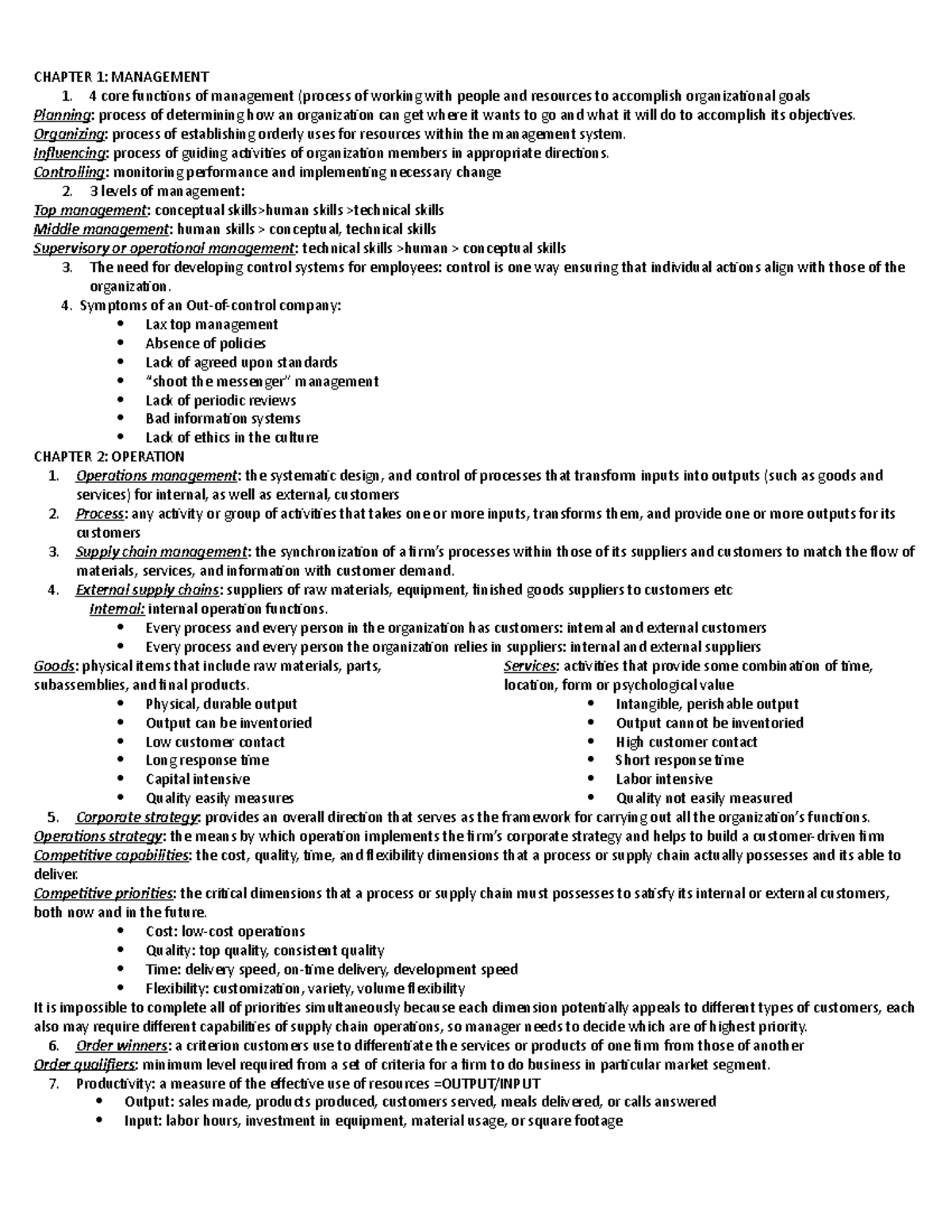 MGMT 339 EXAM1 - lecture notes for mgmt339 - CHAPTER 1: MANAGEMENT 4 ...