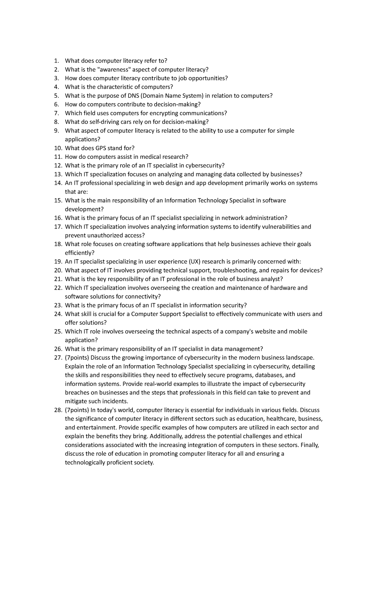 CC101 Long Quiz - What does computer literacy refer to? What is the ...