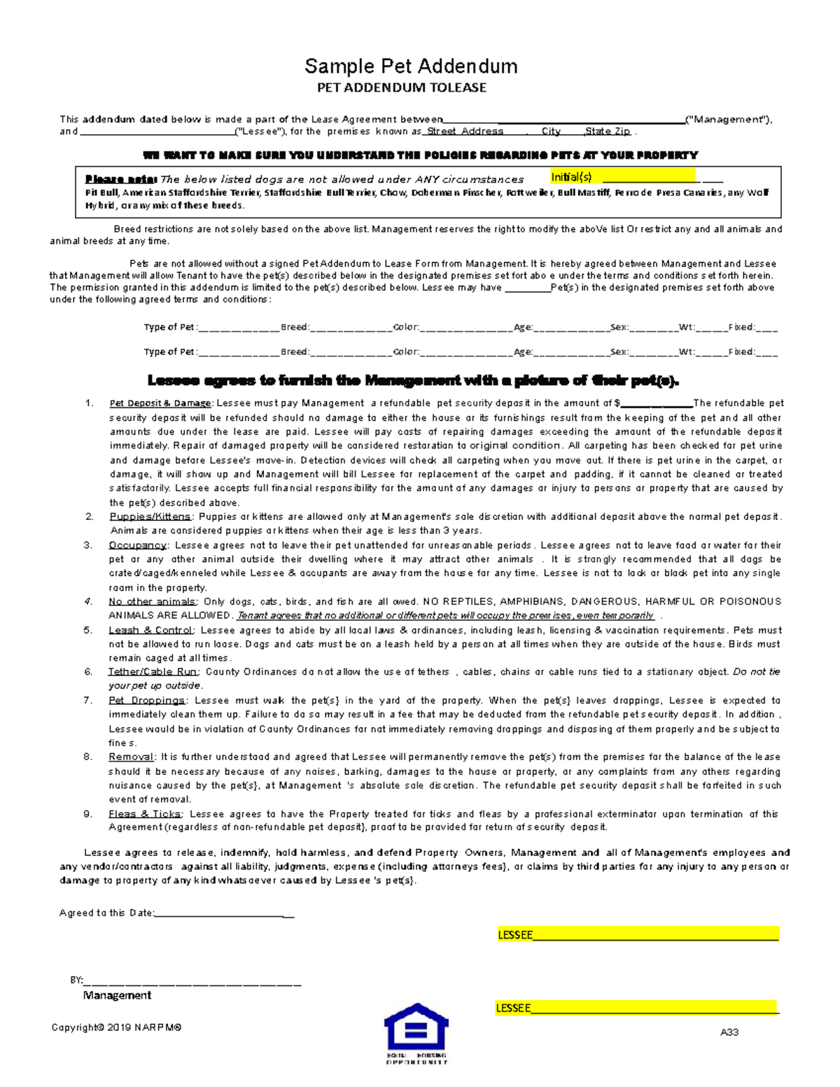 Sample Pet Addendum - WE WANT TO MAKE SURE YOU UNDERSTAND THE POLICIES ...