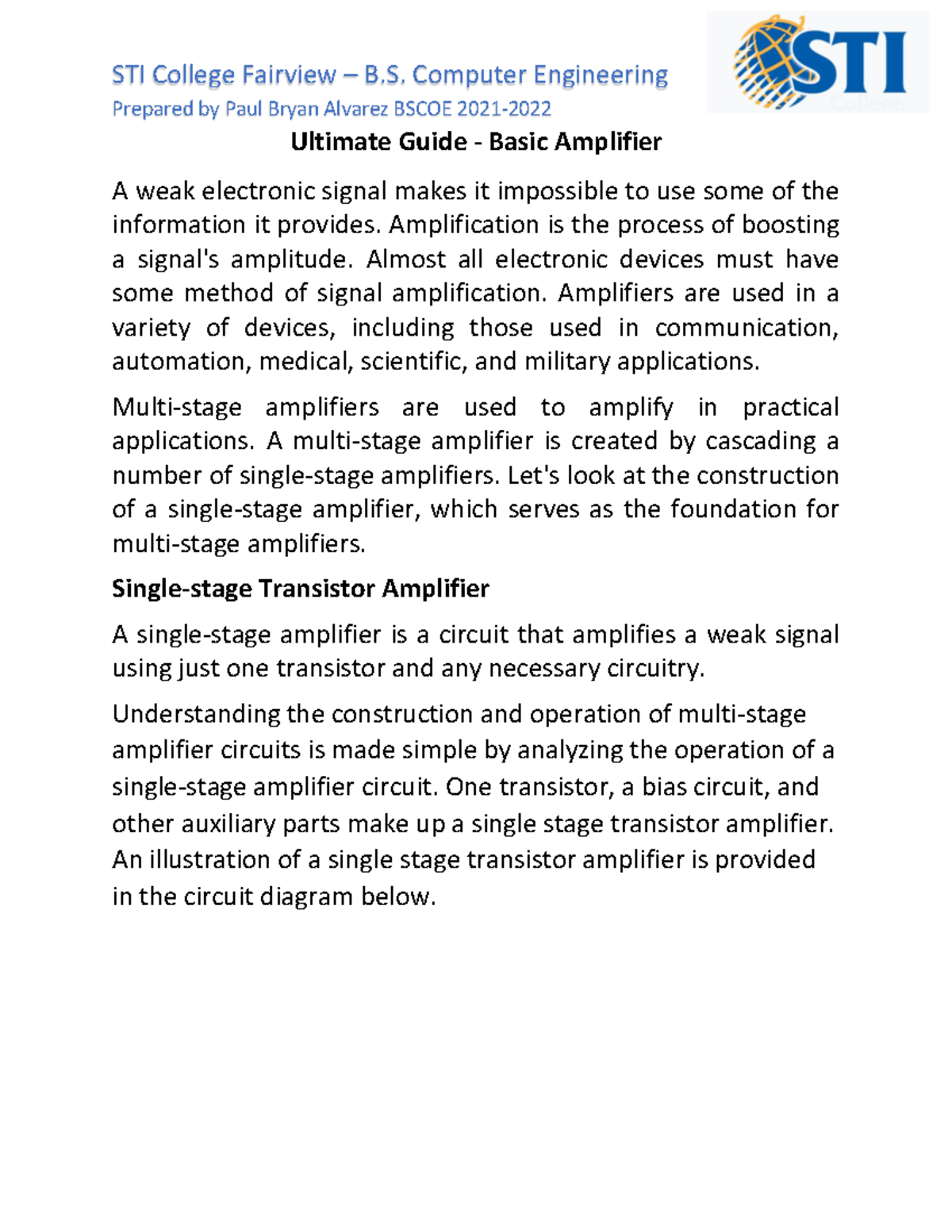 Ultimate Guide - Basic Amplifier - Prepared by Paul Bryan Alvarez BSCOE 2021- Ultimate Guide ...