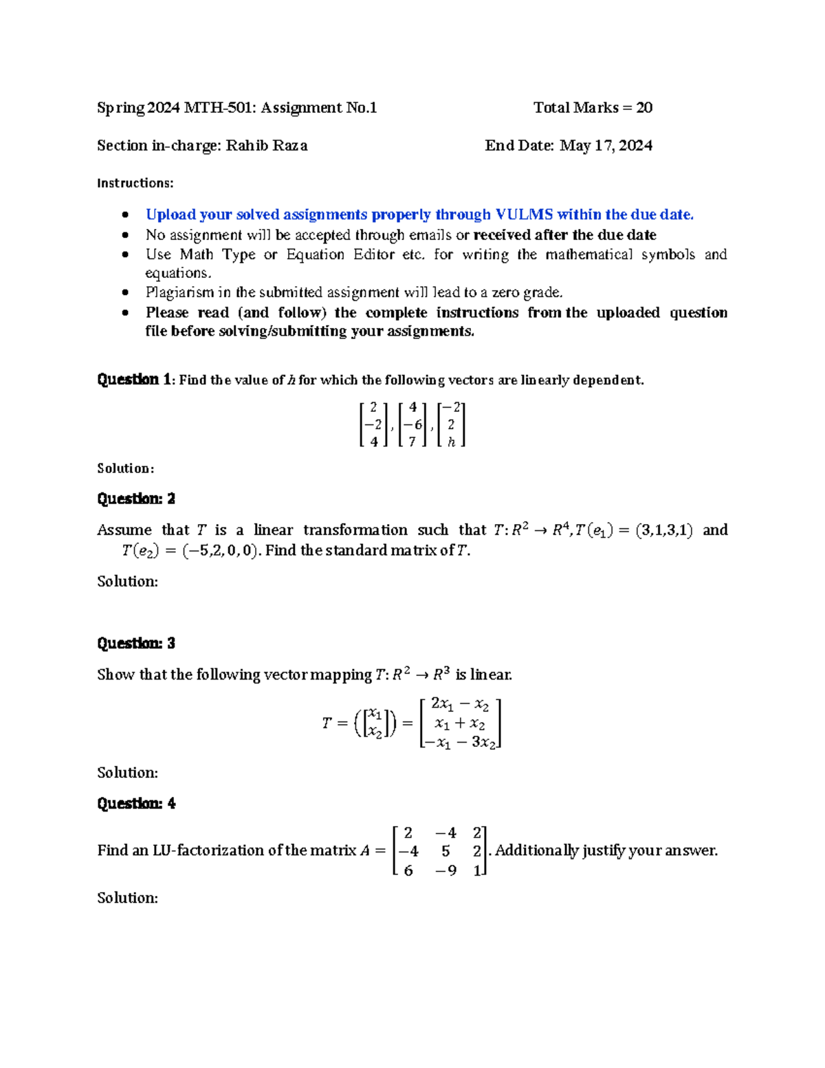 Assignment MTH 501, Section Rahib Raza - Spring 2024 MTH-501: Assignment No Total Marks = 20 ...