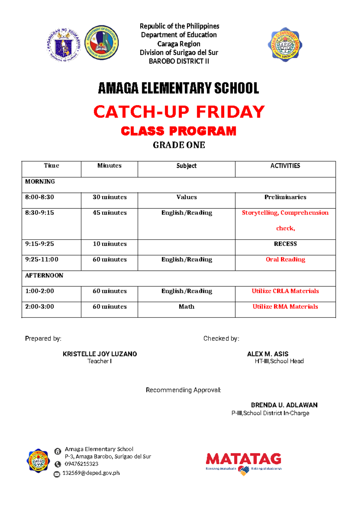 Catch UP Class Program Grade 1 - AMAGA ELEMENTARY SCHOOL Department of ...