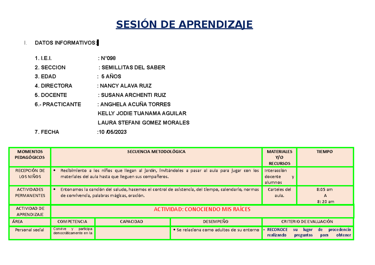 Sesión DE Aprendizaje grupal - SESIÓN DE APRENDIZAJE I. DATOS INFORMATIVOS: 1. I.E. : N° 2 ...