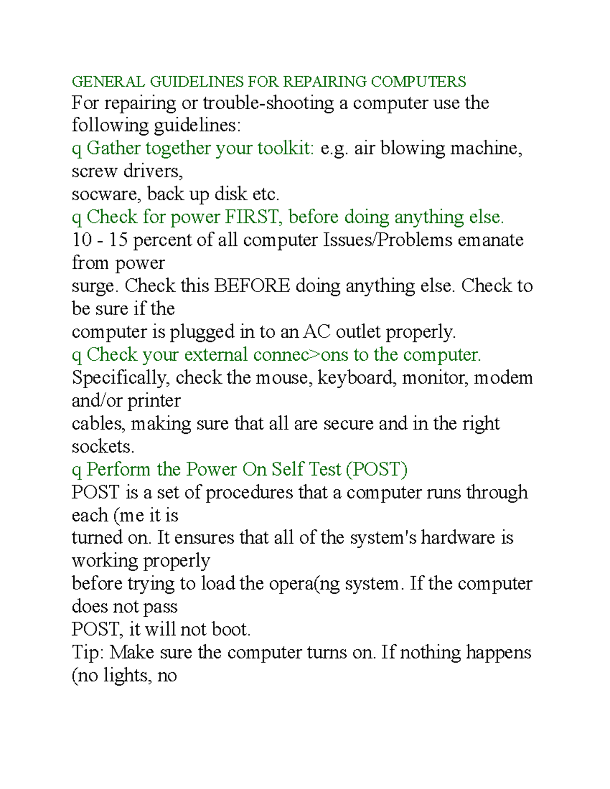 General Guidelines FOR Repairing Computers - GENERAL GUIDELINES FOR ...