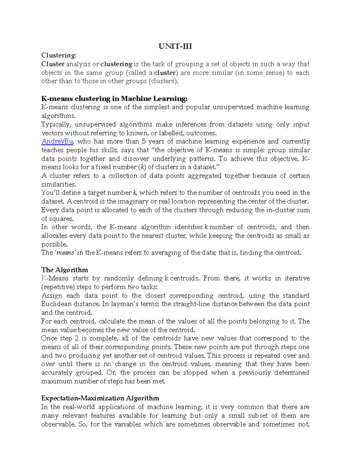Machine Learning UNIT-III - UNIT-III Clustering: Cluster analysis or clustering is the task of ...