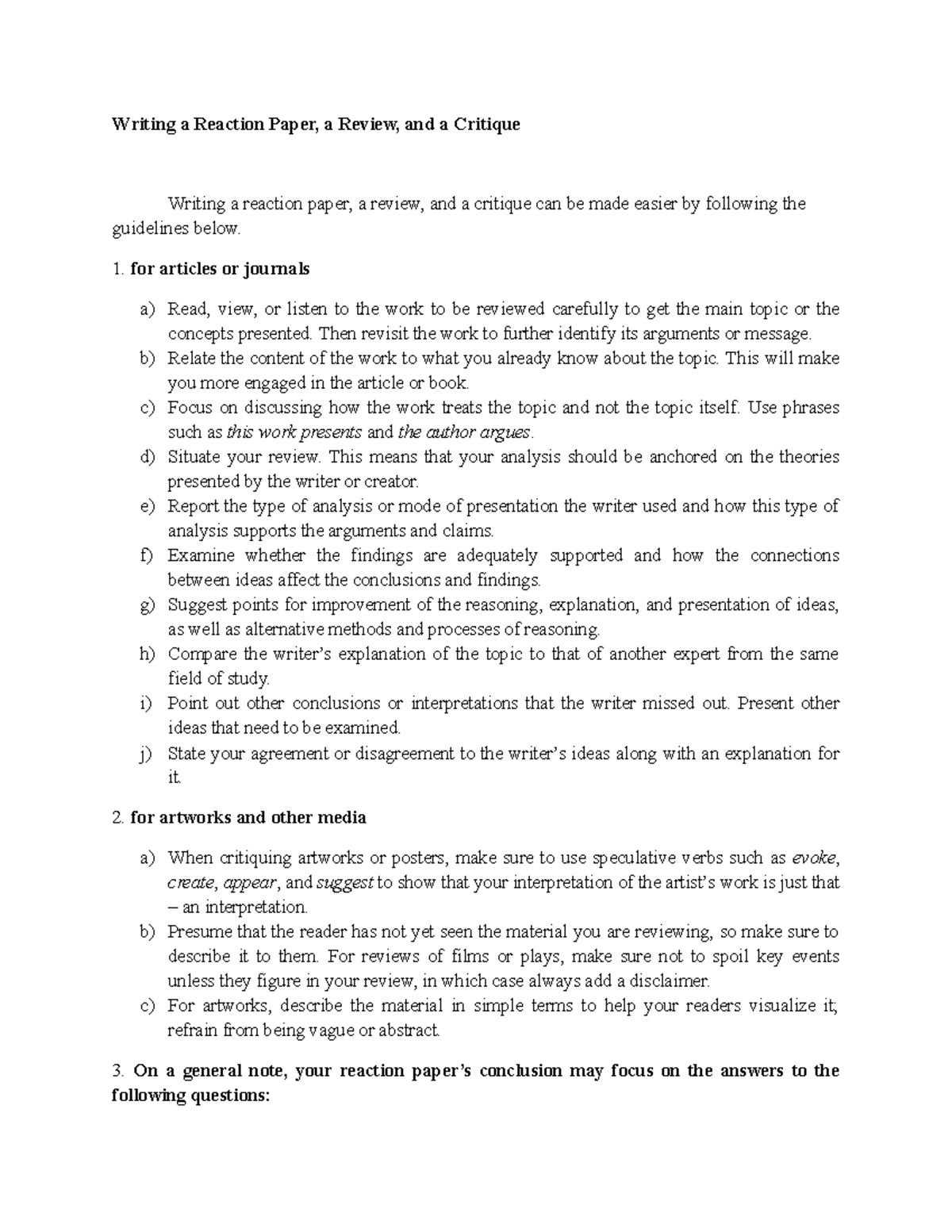 Writing a Reaction Paper - for articles or journals a) Read, view, or ...