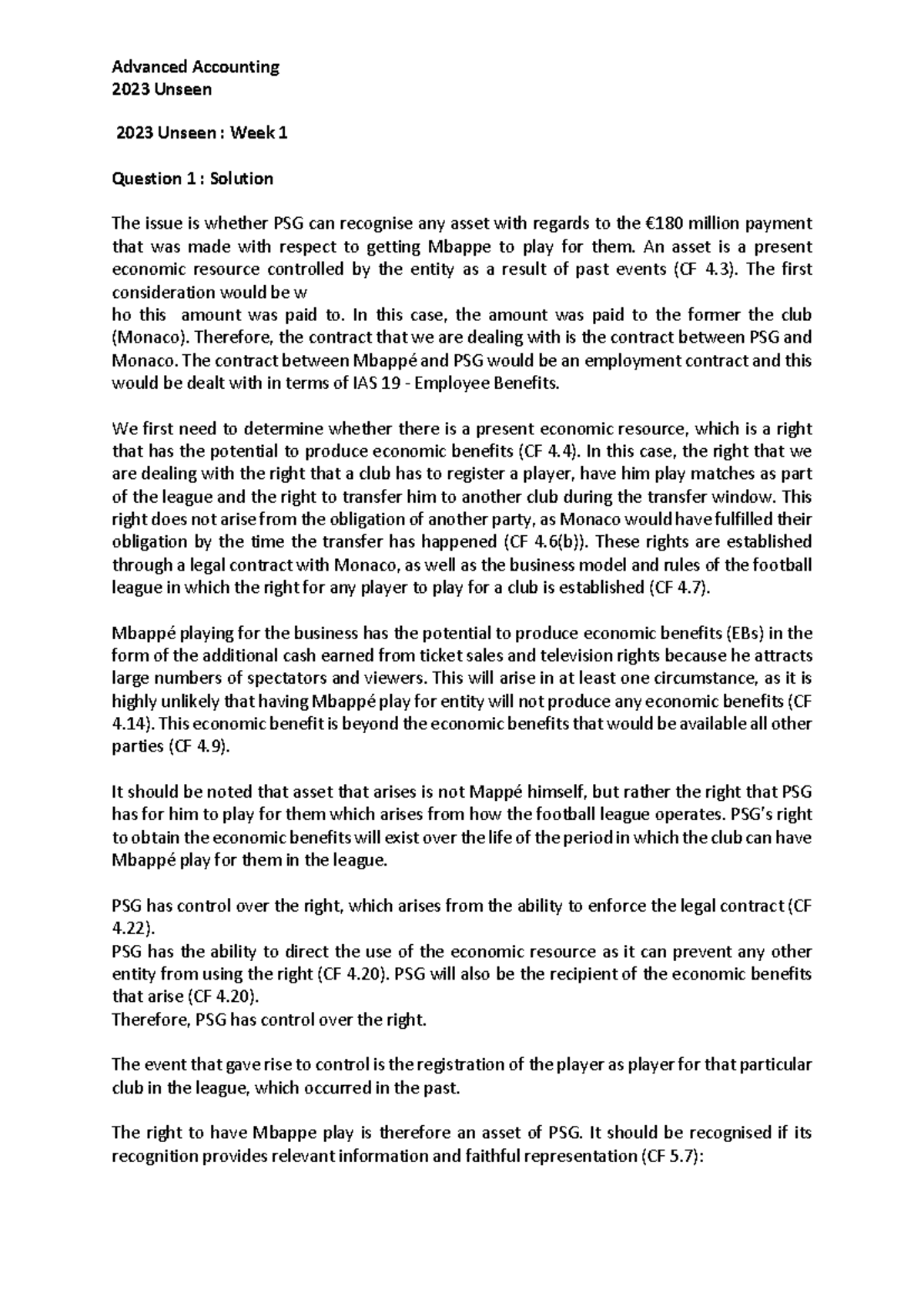 2023 Week 1 Unseen Solution - Advanced Accounting 2023 Unseen 2023 Unseen : Week 1 Question 1 ...