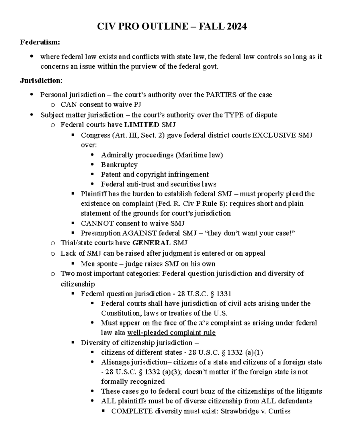 Civ Pro Outline - Fall 2024 - CIV PRO OUTLINE – FALL 2024 Federalism ...