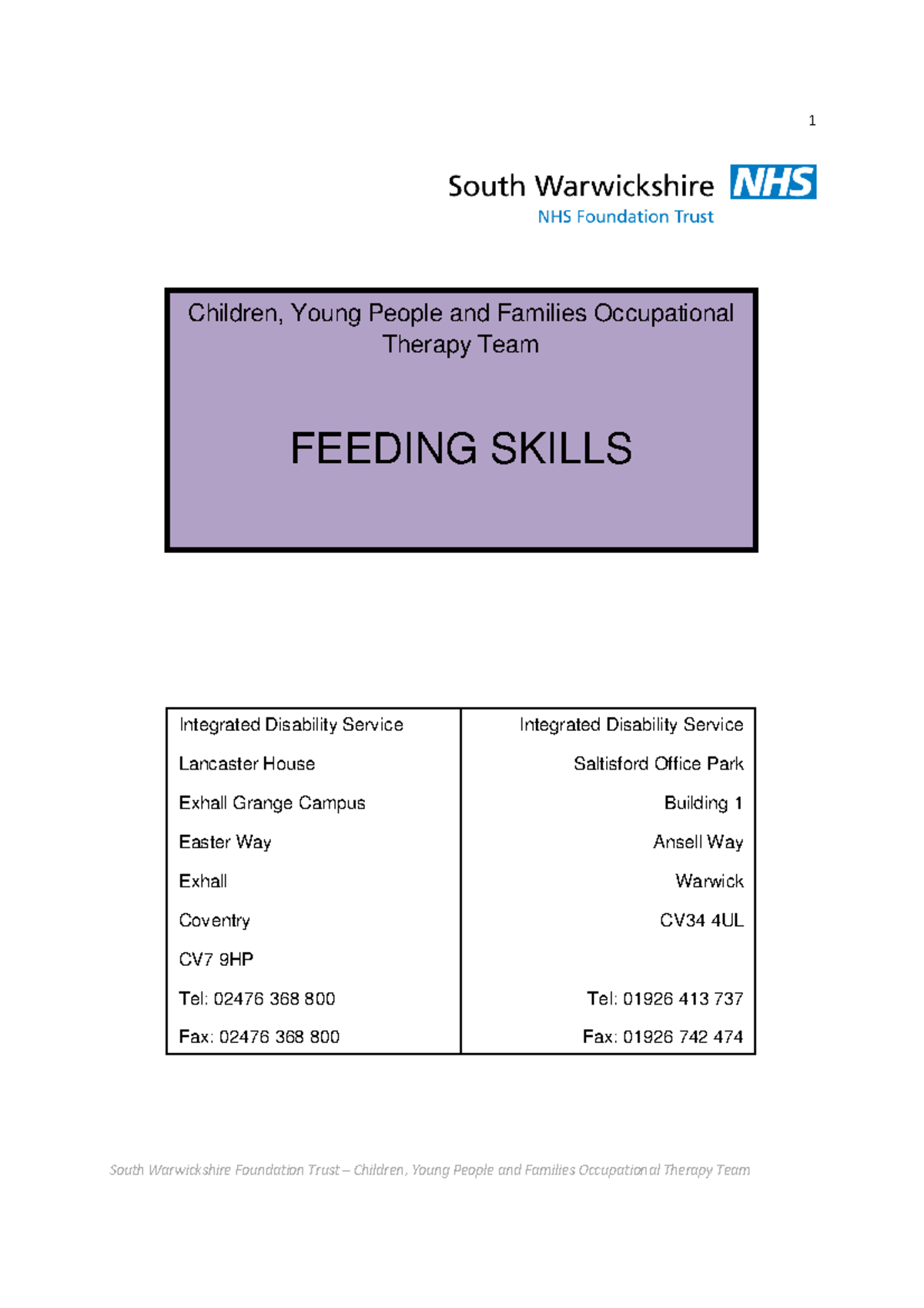 Feeding skills - Integrated Disability Service Lancaster House Exhall ...