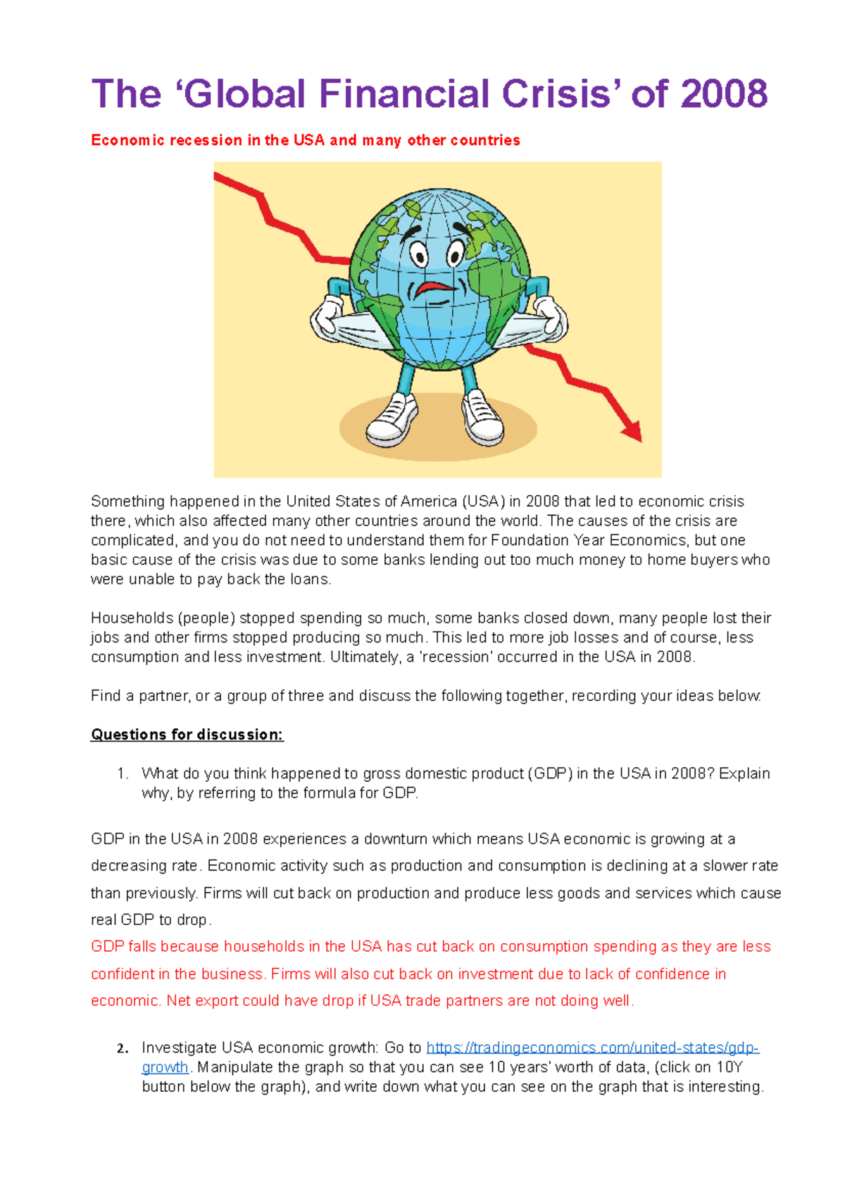Case Study Global Financial Crisis Practice Question - The ‘Global ...
