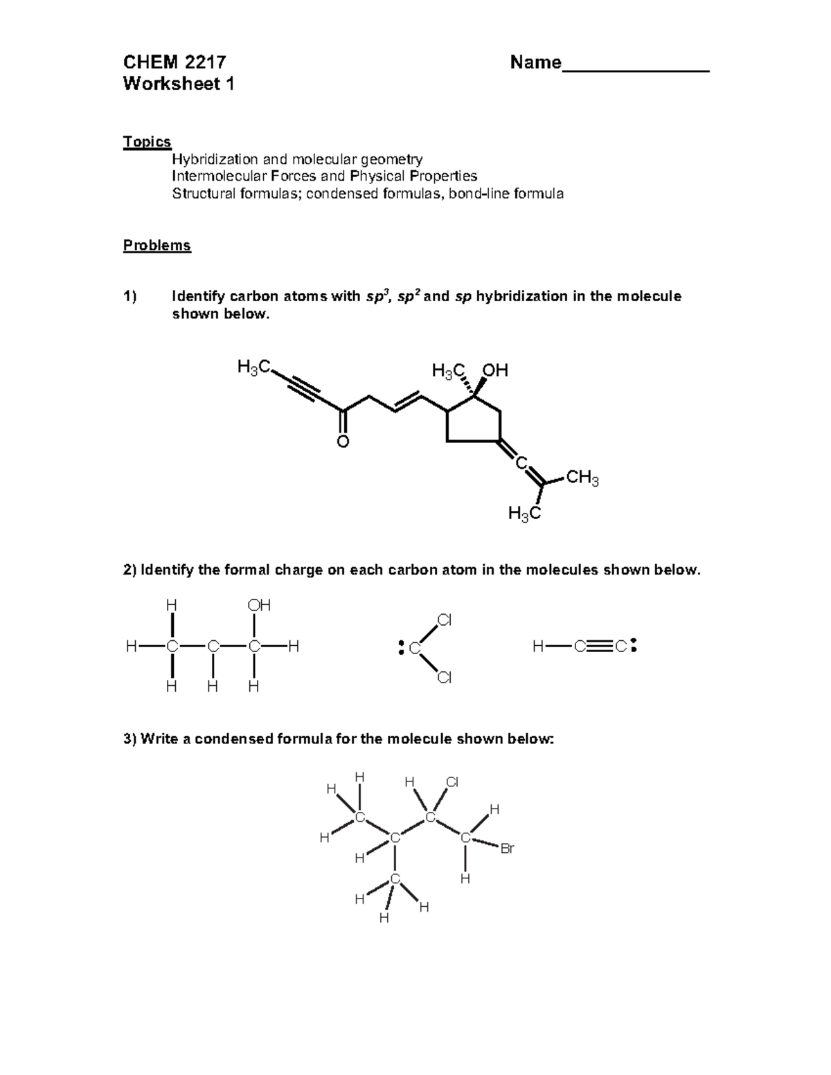 Worksheet 1-2020 - CHEM 2217 Name______________ Worksheet 1 Topics ...