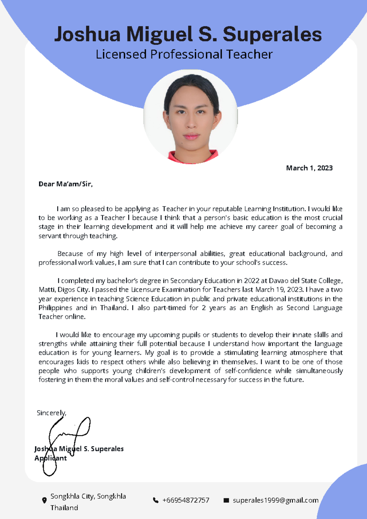 T.Josh Cover Letter - I am so pleased to be applying as Teacher in your ...