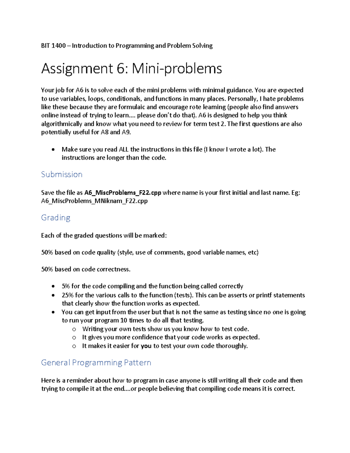 BIT 1400 - Assignment 6 - BIT 1400 – Introduction to Programming and Problem Solving Assignment ...