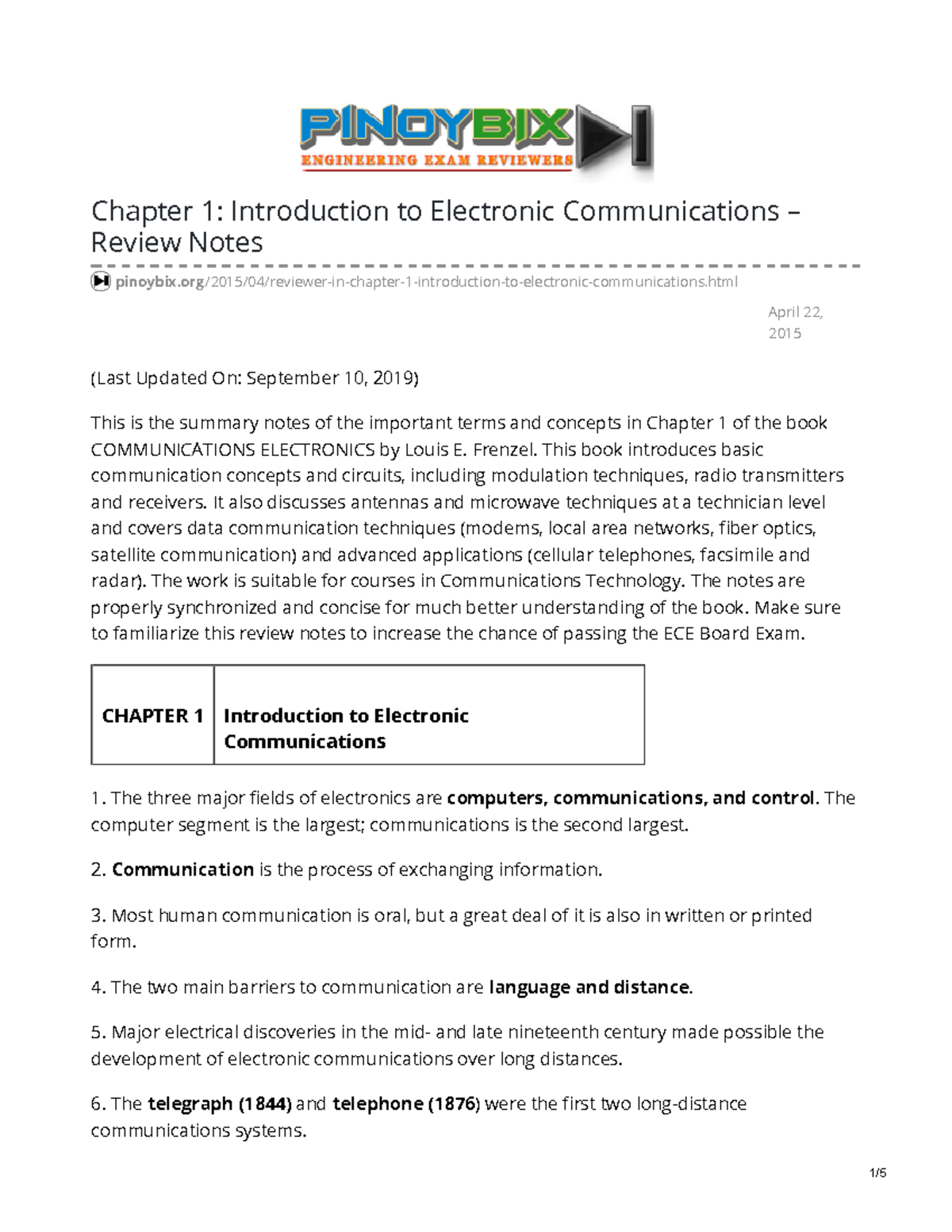 Pinoybix.org-Chapter 1 Introduction to Electronic Communications Review ...