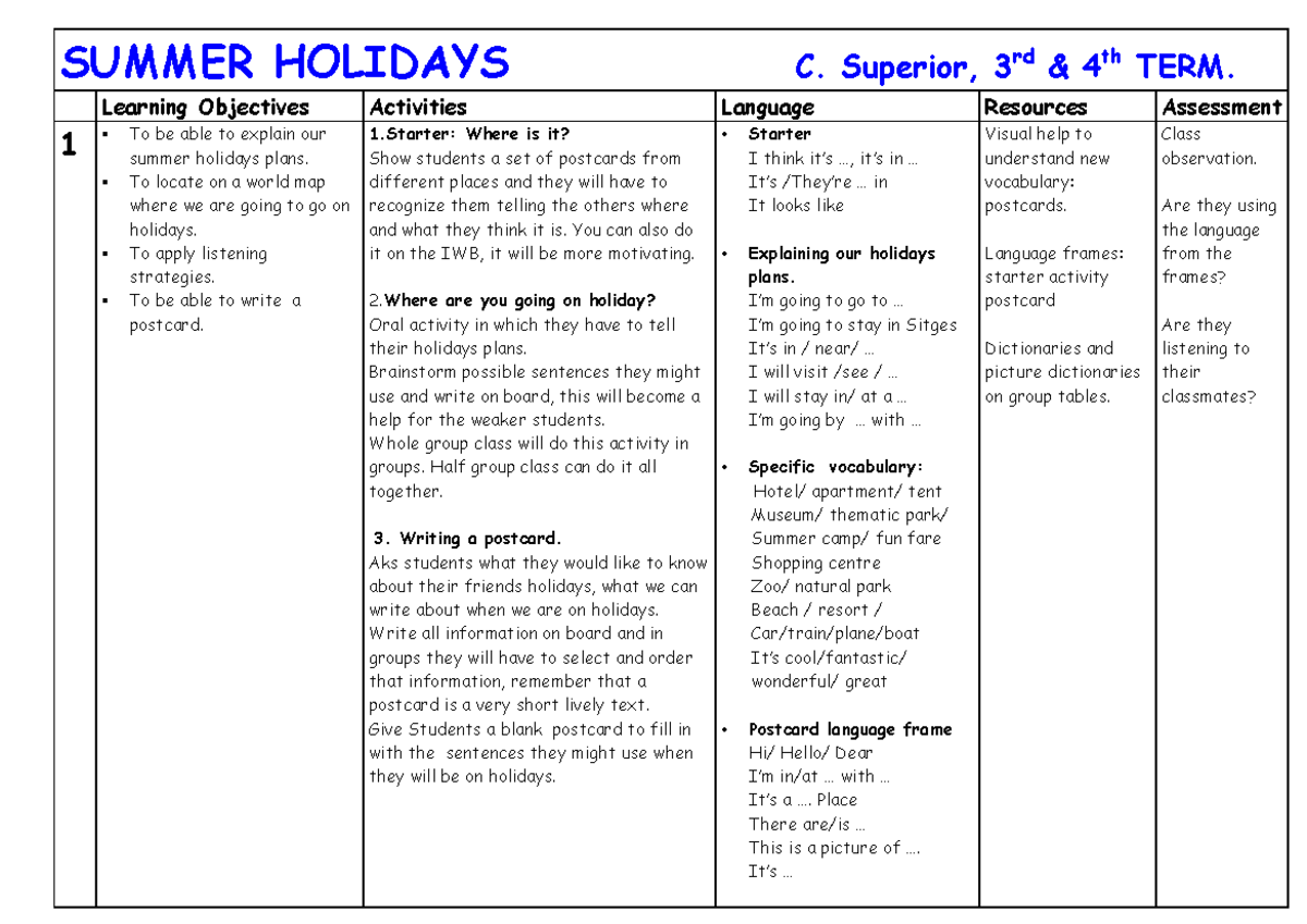 Mp Summer Holidays lesson plan - SUMMER HOLIDAYS C. Superior, 3 rd & 4 ...