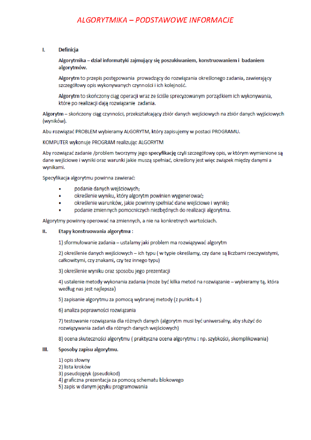 Algorytmika 23 24 - ALGORYTMIKA PODSTAWOWE INFORMACJE I. Definicja ...