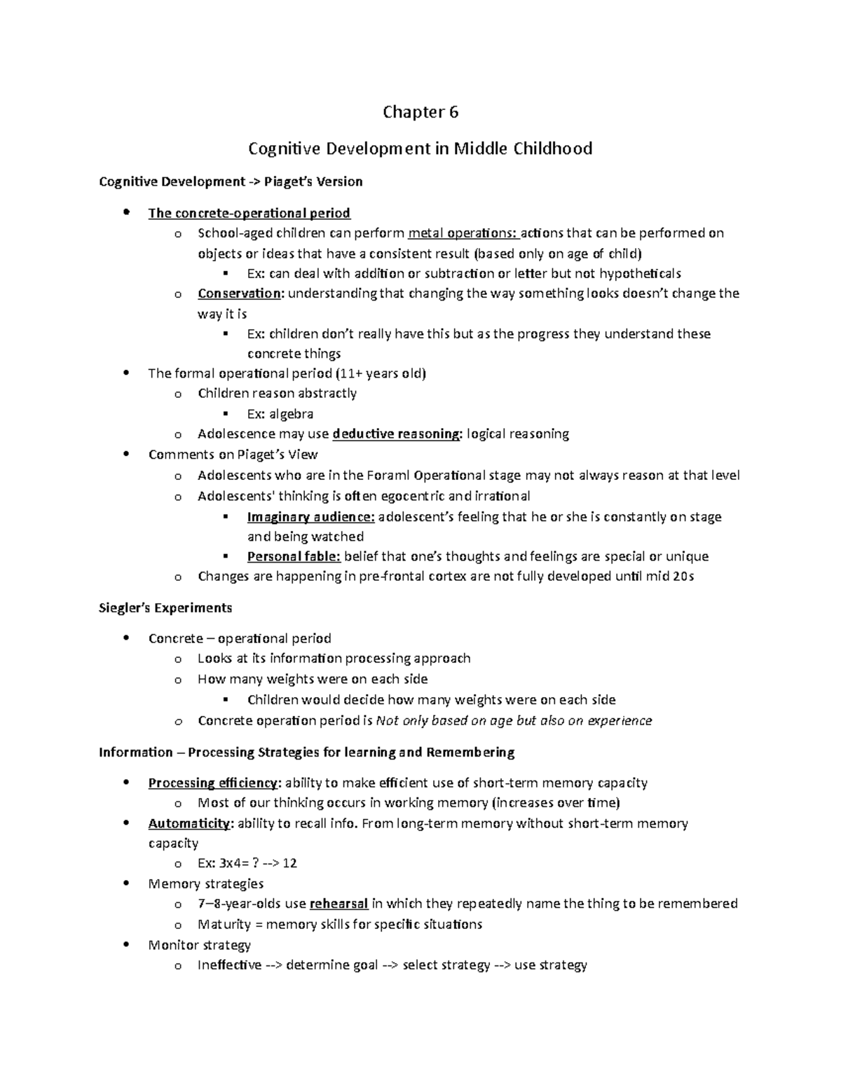 Psy 369 - Chapter 6 Notes - Chapter 6 Cognitive Development in Middle ...