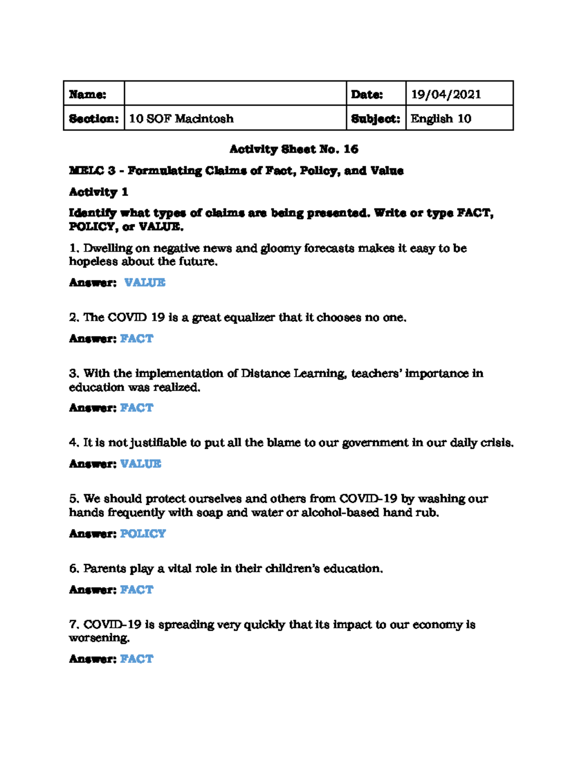 - Activity Sheet No. 16 - Name: Date: 19/04/ Section: 10 SOF Macintosh ...