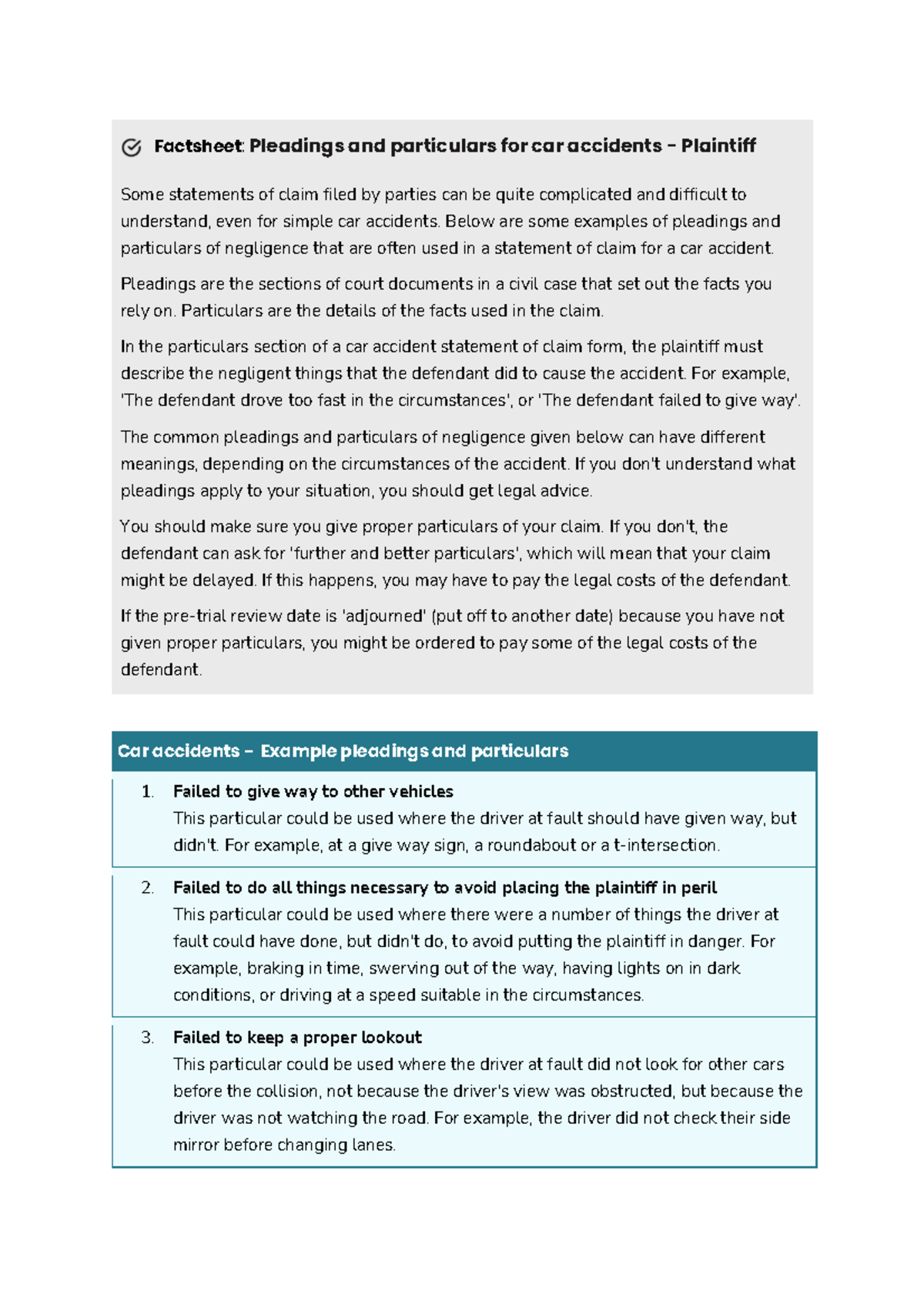 Example pleadings and particulars - car accidents - Factsheet ...
