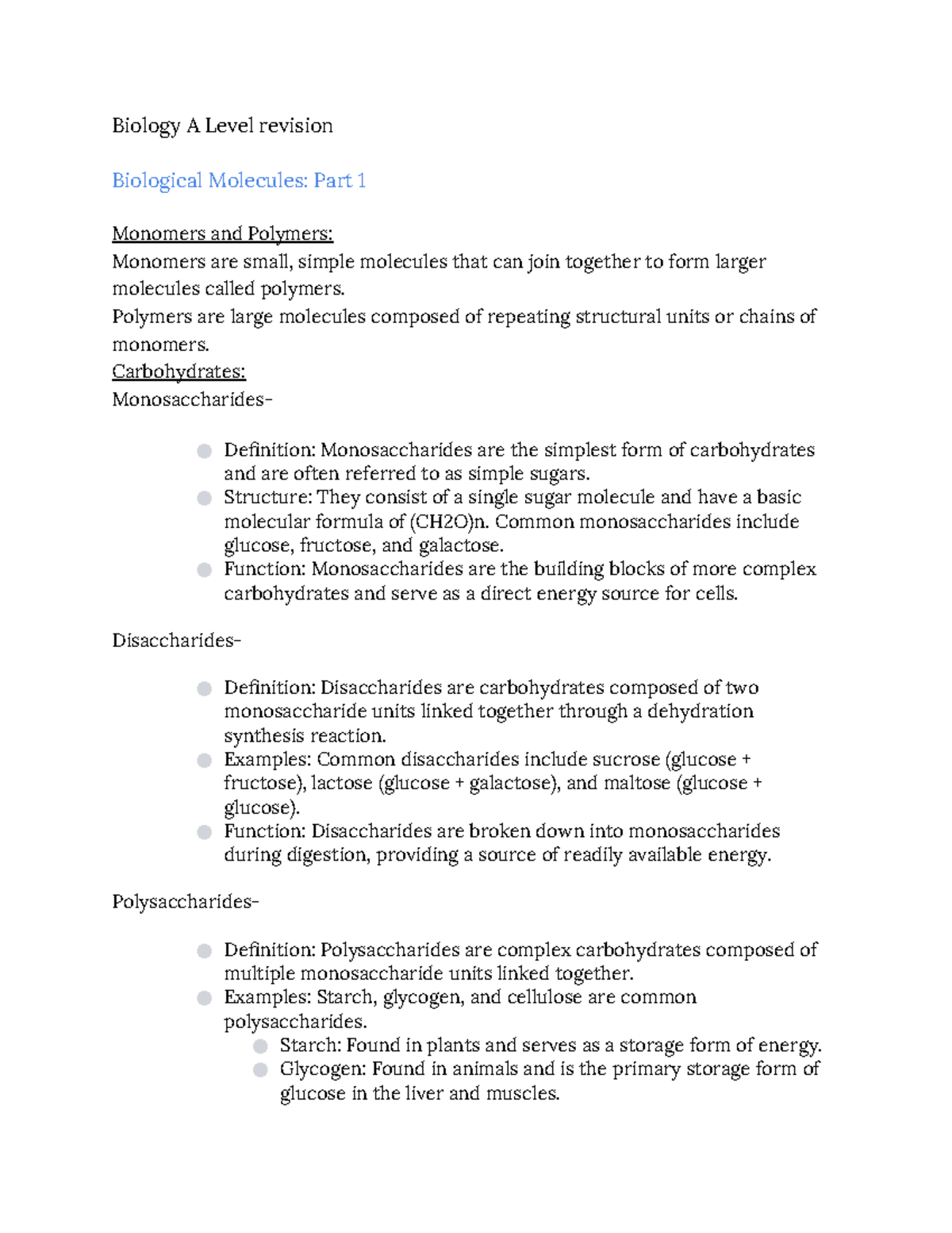 Biology A Level revision part 1 - Biology A Level revision Biological ...