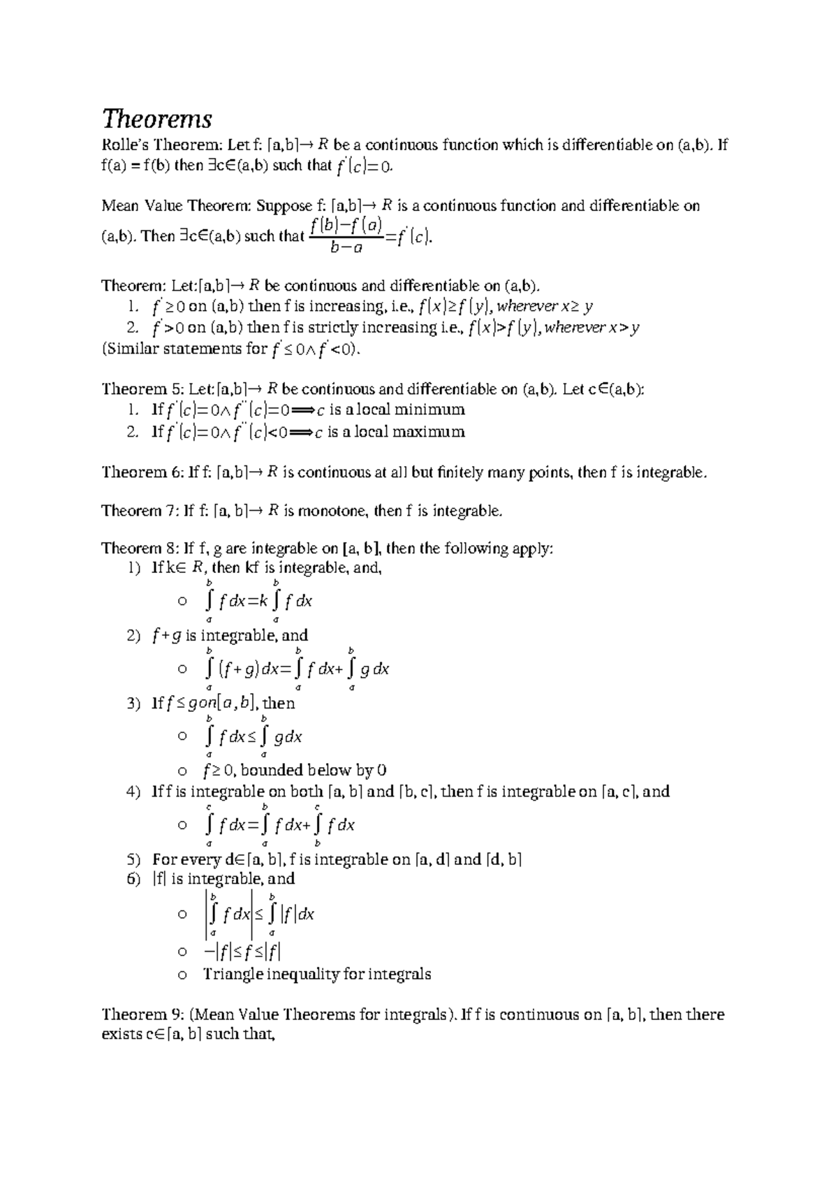 Theorems - Summary Mathematical Analysis - Theorems Rolle’s Theorem: Let f: [a,b] R be a ...