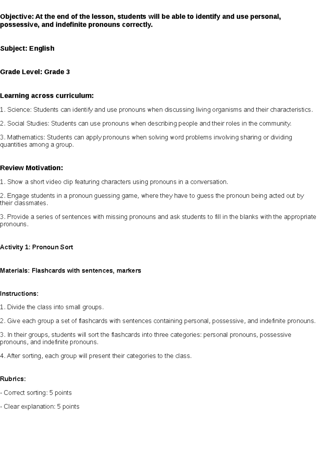 Lesson plan - Objective: At the end of the lesson, students will be ...