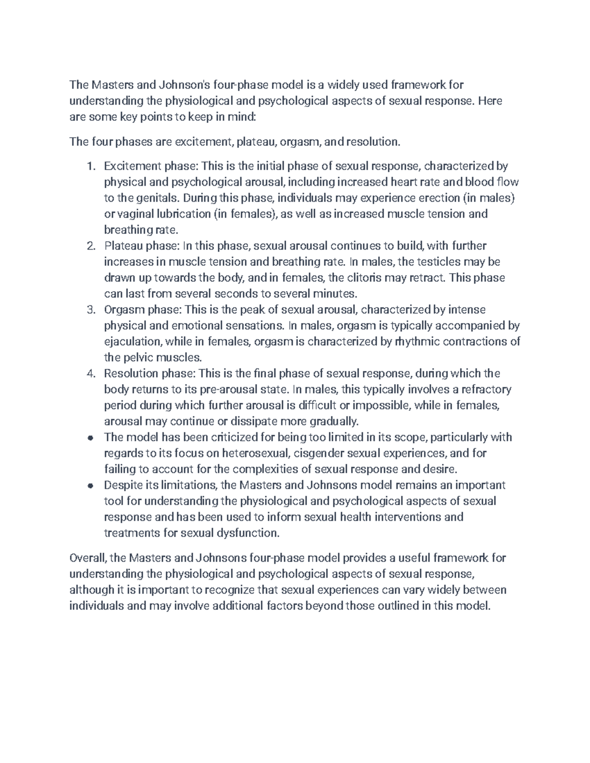 The Masters and Johnson's Four-Phase Model - Here are some key points ...