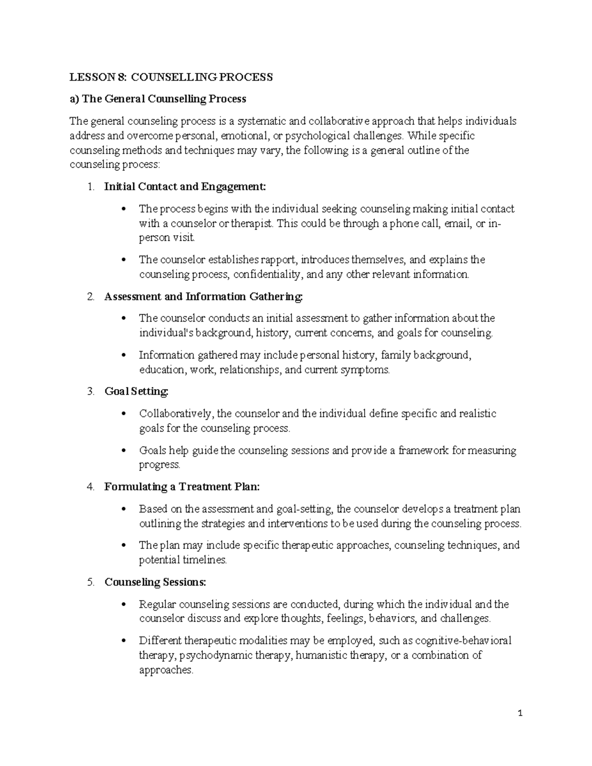 Lesson 8a-Counselling Process- General - LESSON 8: COUNSELLING PROCESS a) The General ...