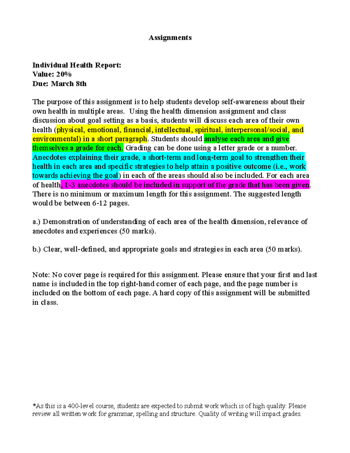 EDUC406Winter 2024Individual Health Report Assignment - Assignments ...